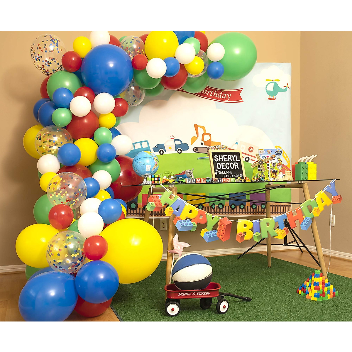 ALL-IN-1 Sesame Street Balloons Arch Kit & Garland – Small and Large Primary Color Red Blue Green Balloons – Lego Elmo Circus Carnival Super Mario Birthday Party Supplies & Decorations