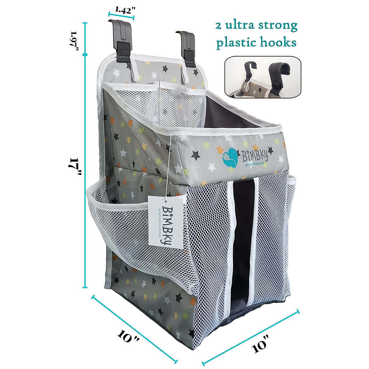 BiMBKy Hanging Diaper Caddy Organizer, Grey, Stacker For Crib, Nursery Storage For Changing Table, Practical And Ideal For Newborn Boy And Girl – 17’’ x 10’’ x 10’’