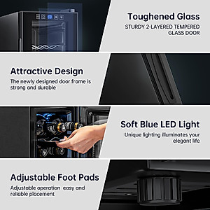 KingChii 12 Bottle Thermoelectric Wine Cooler Refrigerator Advanced Cooling Technology, Stainless Steel & Tempered Glass For Red Wine, Champagne for Home, Kitchen, or Office