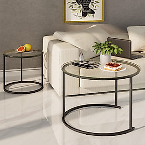 Azheruol Nesting Coffee Table Set of 2,Modern Black Tempered Glass Side Table, Metal Frame Round End Table.Small Glass Tea Table for Living Room,Bedroom Studio Apartment Essentials，17.7IN