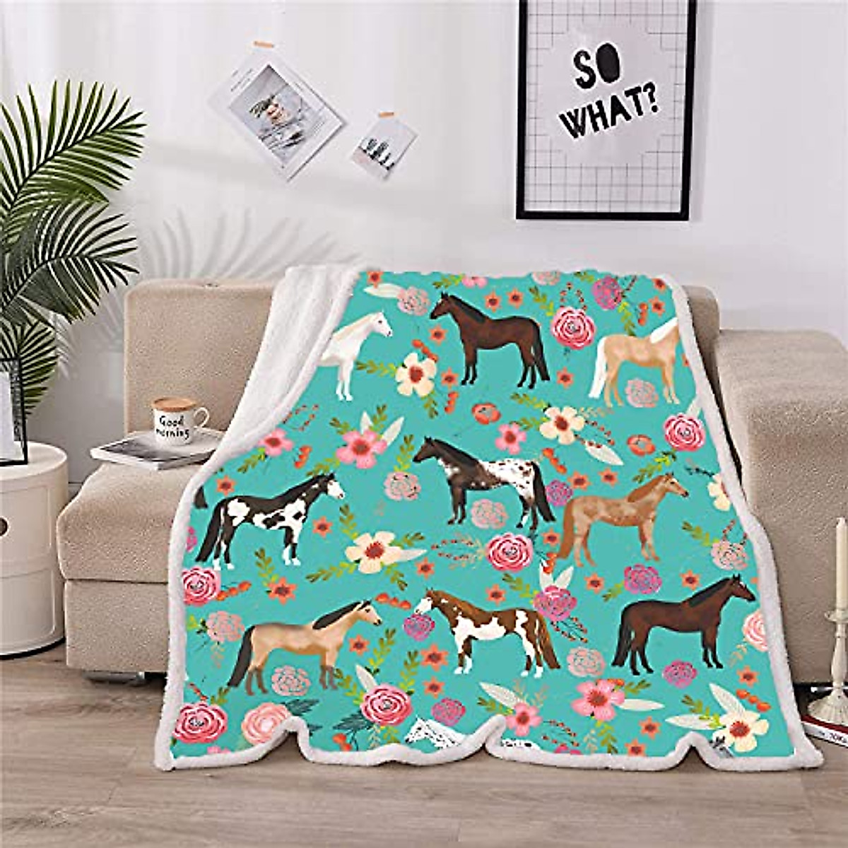Horse Blanket Various Horse 3D Printing Throw Blanket Super Soft Flower Fleece Blanket Animal Horse Sherpa Blanket Horse Gifts for Girls and Women Sofa Couch Bed and Office (Green, 51 X 59 in)