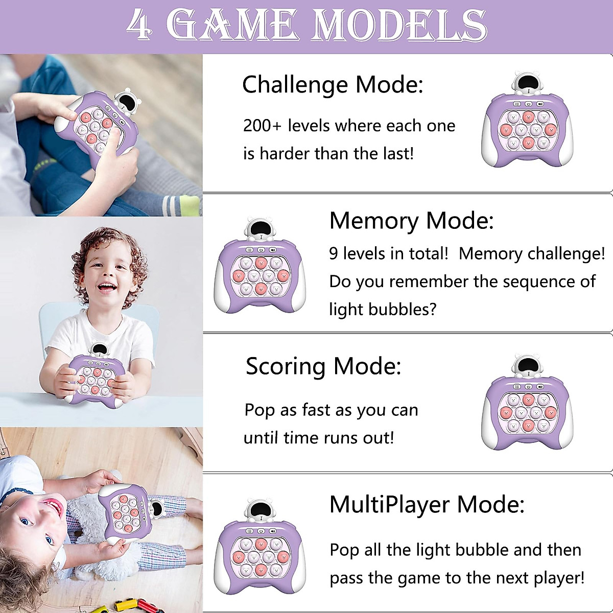 Upgraded Fast Push Game, Pop lt Game Light Up Fidget Toy Pocket Game for Kids Ages 3-12, Handheld Game Sensory Toy with 4 Modes Party Quick Push Fidget Toys, Birthday Gifts for Kids Boys Girls(Purple)