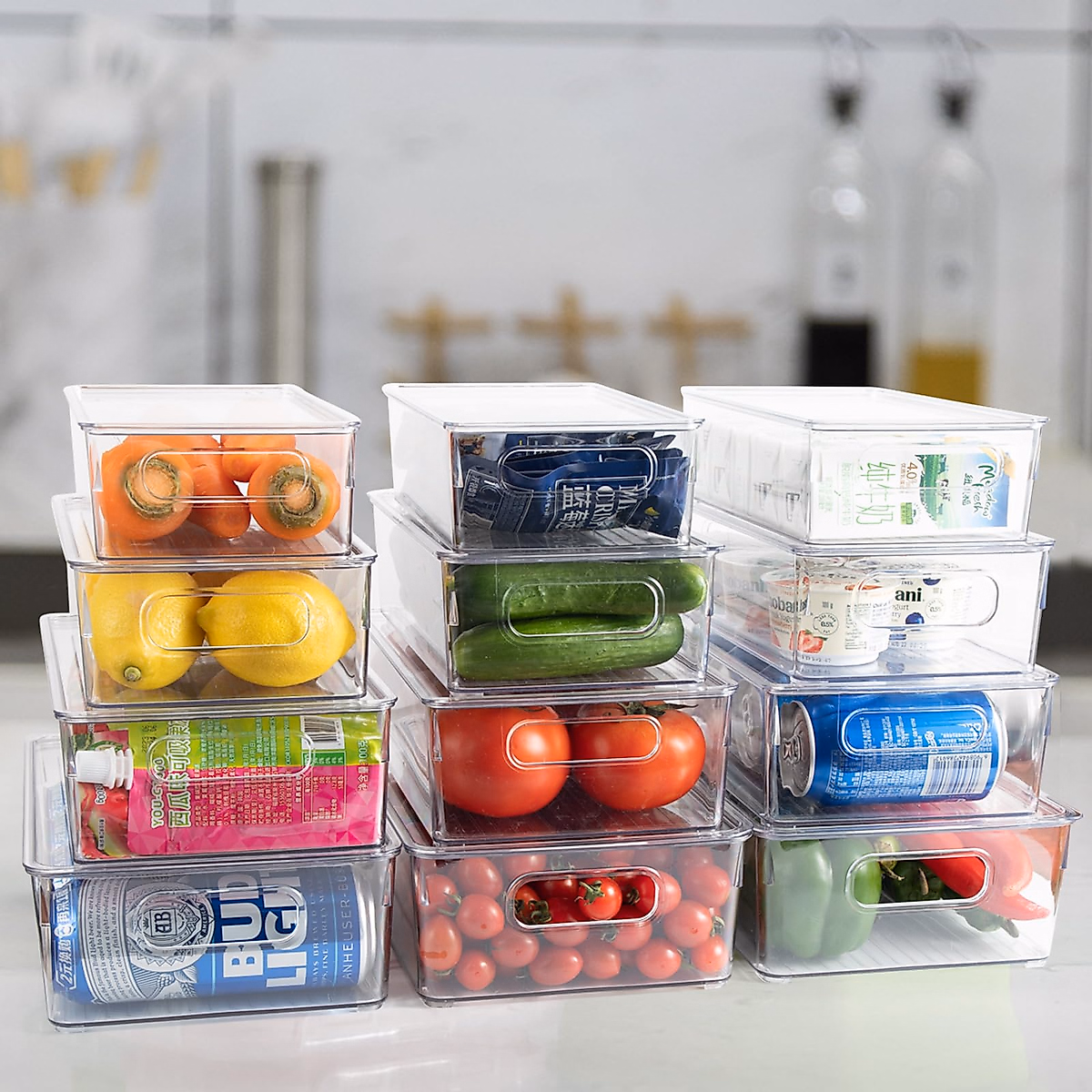 MASSUGAR Refrigerator Organizer Bins with Lid, 12 Pack Plastic Freezer Organizer Bins - Stackable Fridge Organizers and Storage for Freezer, Kitchen - Clear Pantry Organization and Storage Bins