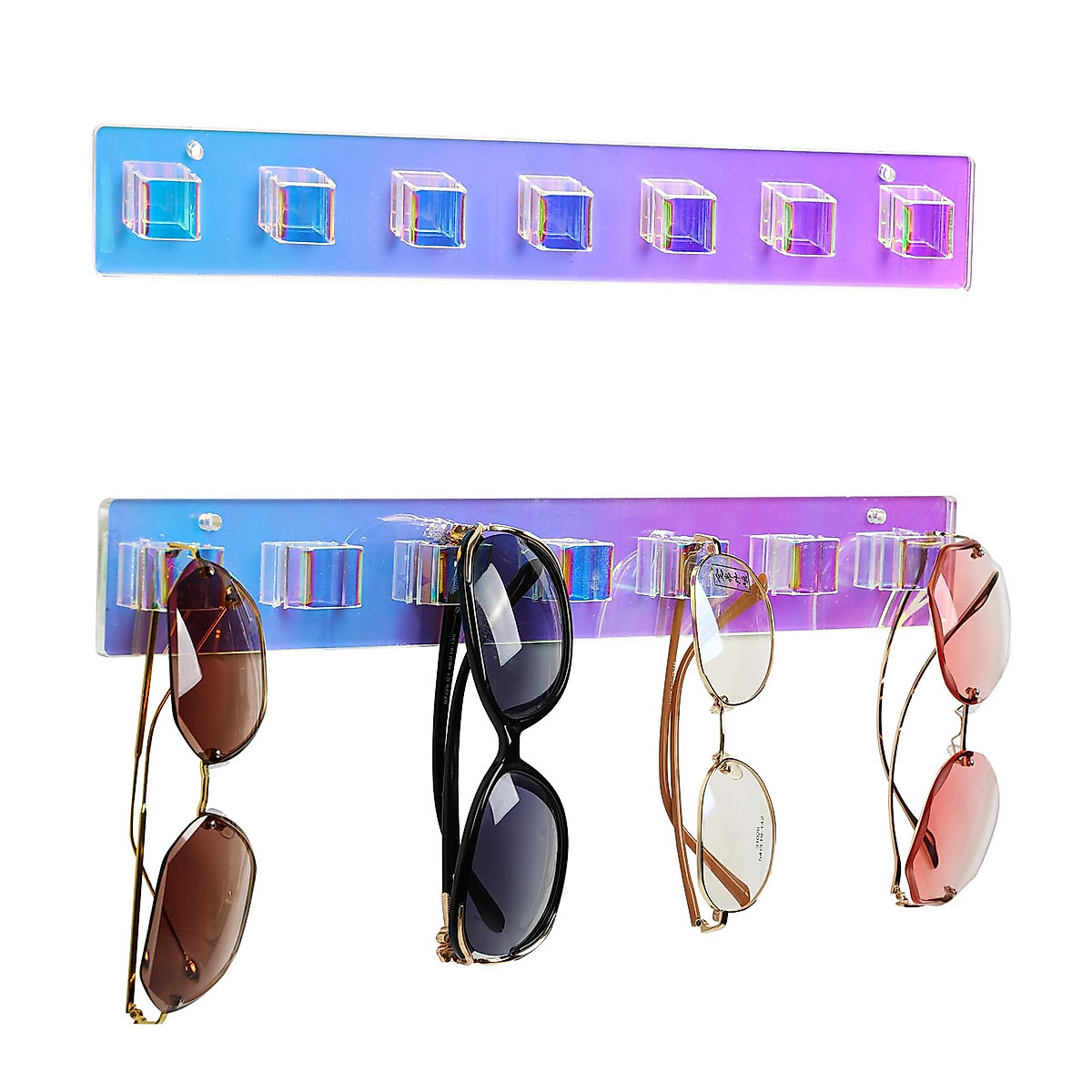 SILFGRLF Sunglasses Holder Organizer, 2 Pack Acrylic Sunglasses Organizer Wall Mounted Eyeglasses Display Holder Eyewear Glasses Hanging Rack for Entryway Living Room Bedroom(Iridescent)