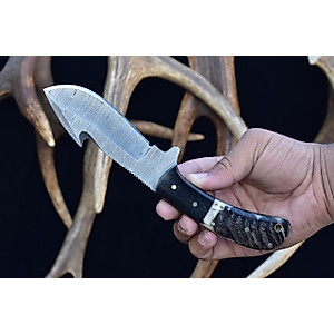 Knives Ranch Handmade Gut-Hook Skinning Knife - Ram's Horn Handle - Heavy-Duty Leather Sheath (2048-RH)