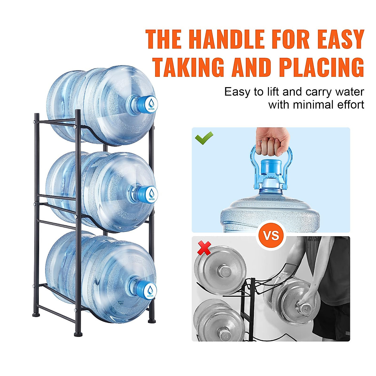 VEVOR 5 Gallon Water Jug Holder, 3 Tiers Water Bottle Holder, Heavy Duty Water Bottle Rack with 3 Slots, Detachable Water Jug Stand for Kitchen, Office, Living Room- Black