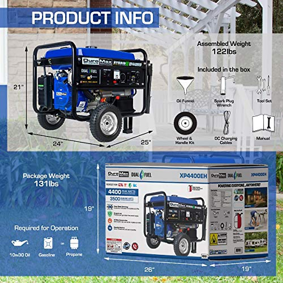 DuroMax XP4400EH Dual Fuel Portable Generator-4400 Watt Gas or Propane Powered Electric Start-Camping & RV Ready, 50 State Approved, Blue and Black