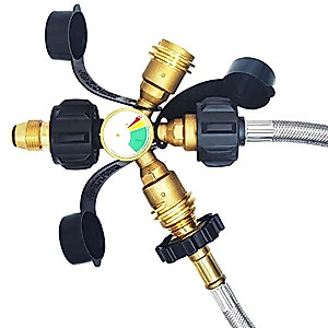NQN Upgraded 3 Way Propane Splitter QCC/POL with Gauge and Shut-Off Valve, Propane Tank 3 Y Splitter Adapter, Propane LP Tank Fuel Tee Gauge Adapter Fitting 3 Way Propane Gas Splitter for Propane Tank