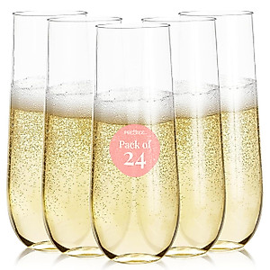 24pk Stemless Plastic Champagne Flutes - 9 Oz | Clear Plastic Wine Glasses | Shatterproof Mimosa Bar Supplies | Disposable Cocktail Glasses | New Years Eve Party Supplies 2023