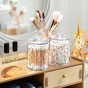 senya Clear Plastic Jars Cotton Swabs Cans, Cherry Blossom Branche Bathroom Canisters Storage Organizer with Lids 2PCs Set for Cotton Ball, Cotton Swab, flossers, Hair Bands