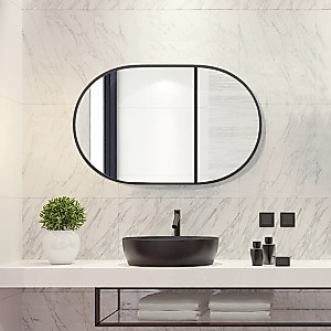 HOWOFURN Wall Mounted Mirror, 20’’x30’’ Oval Bathroom Mirror, Black Vanity Wall Mirror w/ Stainless Steel Metal Frame & Pre-Set Hooks for Vertical & Horizontal Hang, Ideal for Bedroom, Bathroom