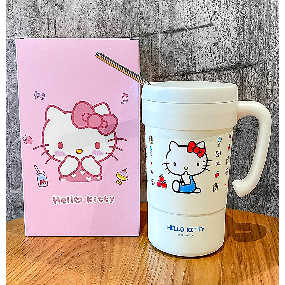 Everyday Delights Hello Kitty Stainless Steel Insulated Cup with Lid, Straw & Stir Stick, 580ml (White)