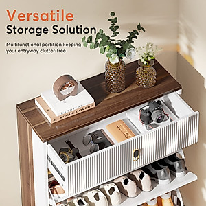 Tribesigns Shoe Cabinet for Entryway Slim: Shoe Storage Organizer Cabinet with 2 Flip Drawers, Wooden Shoe Rack with Gold Metal Legs for Entrance, Hallway, Living Room, White & Brown