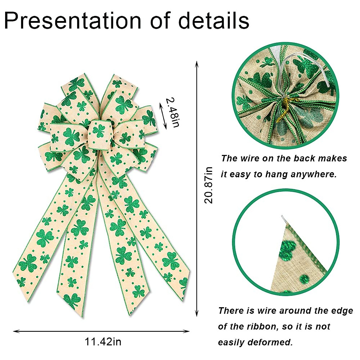 Large St. Patrick's Day Bows for Wreath, Glitter Green Shamrock Bow Irish Wreath Bows Holiday Burlap Bows for Front Door Saint Patrick's Day Decorations Supplies