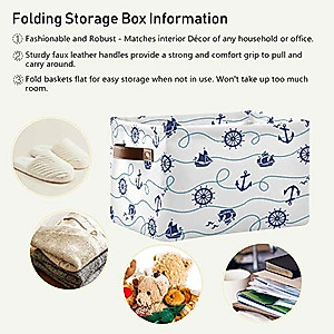 Anchor Rudder Sailboat Nautical Storage Basket Large Foldable Storage Organizer Cubes Bins with Leather Handles Sturdy Collapsible Boxes for Shelf Cloth Toy Closet-1 Pack