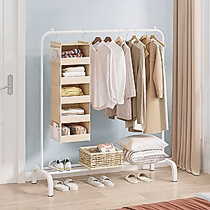 JIUYOTREE Metal Clothing Rack with Hanging Closet Organizer, 43.3 Inches Clothes Garment Coat Rack with Bottom Shelf, Clothing Rack for Hanging Clothes, Coats, Skirts, Shirts, Sweaters, White