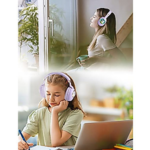 Usoun Kids Wireless Headphones, Bluetooth Over Ear Headphones with Cute Cat Colorful LED Lights,Wireless&Wired,Foldable,Build-in Mic,Bluetooth Headphones for Kids Girls Teens Adults,School (Purple)