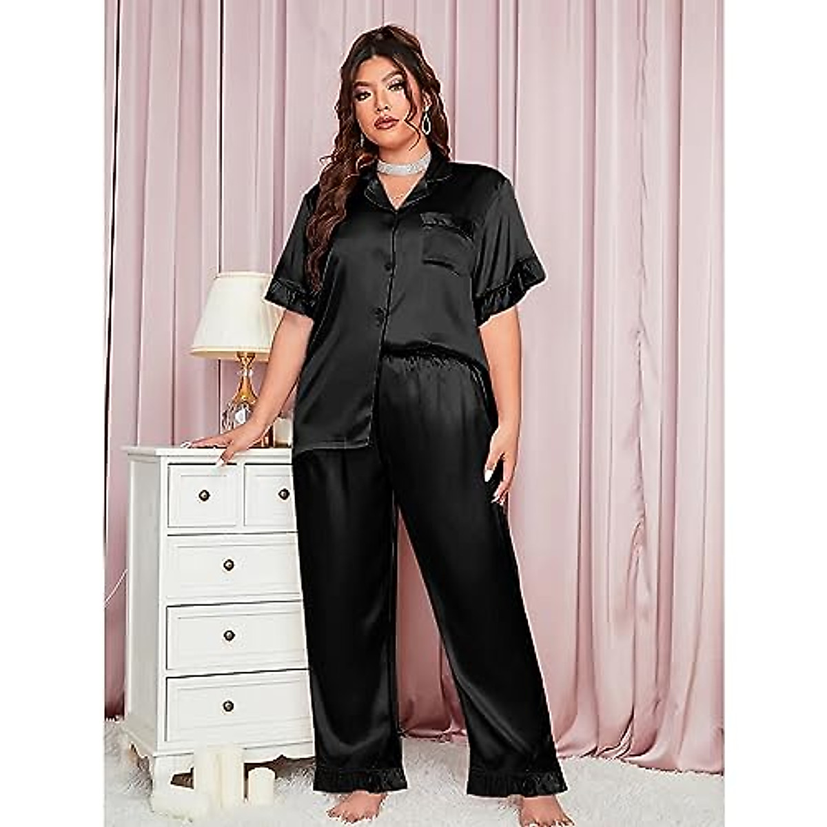 SWOMOG Womens Satin Plus Size Pajamas Silk Short Sleeve Pjs Sets Button Up Pajama with Ruffle Soft Loungewear Wedding PJs Black