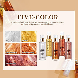 Liyalan Shimmer Body Oil Bronze Gold 5 Color Bronze Face Glow Pearl Highlighter Illuminator body Makeup Shine Glitter Gold Liquid Taning(3.38 Fl Oz/03)