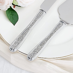 Wedding Cake Knife & Server Set, Personalized Diamond Cake Cutting Set, Gold Bridal Serving Set, Engraved Pastry Pie Server Pizza Cutter, Quinceañera Birthday Anniversary Classic Gift (Silver 2)