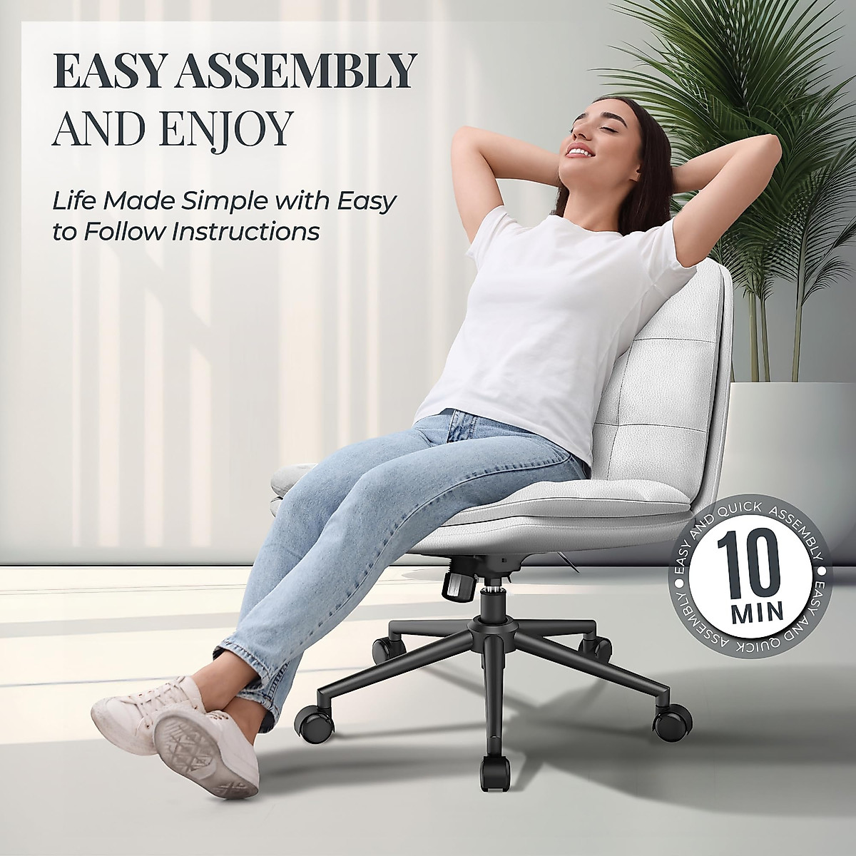 Criss Cross Desk Chair for Cross Legged Sitting, Easy to Assemble White Criss Cross Chair with Wheels - Premium Detachable Wheel and Swivel Design, Cozy Ergonomic Office Chair with Wide Comfy Seating