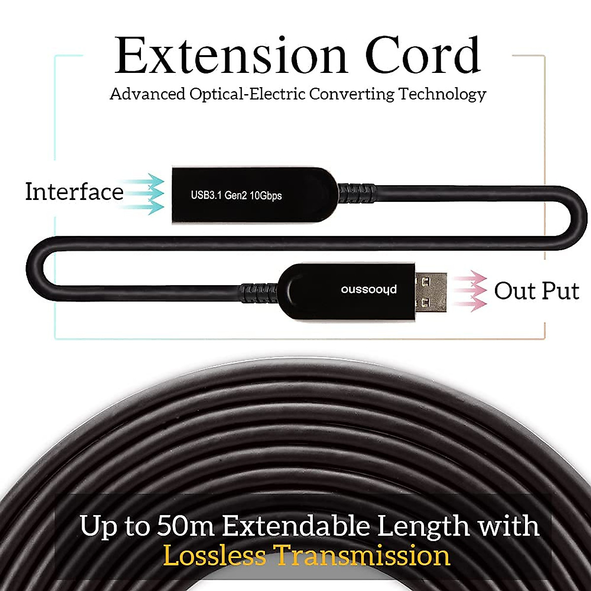 phoossno UL CMP Plenum Rated USB 3.1 Extension Active Optical Cableb10Gbps 50ft Compatible with Microsoft Azure Logitech and Polycom Camera Xbox Printer Touch Screen Kinect Oculus VR Intel RealSense
