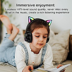 SIMGAL Bluetooth Cat Ear Headphones for Kids, Wireless & Wired Mode Foldable Headset with Mic, RGB LED Light, for Girls School Gaming, Compatible with Mobile Phones PC Tablet