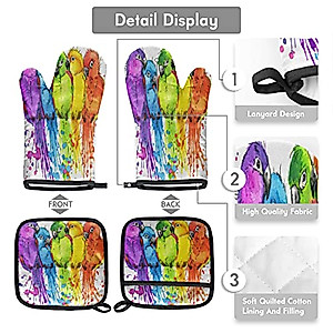 QsirBC Rainbow Color Parrots Oven Mitts Kitchen Oven Gloves for Cooking Baking Heat Resistant Lining Cotton Potholder Pot Holders Hot Pads for Chef Women Men