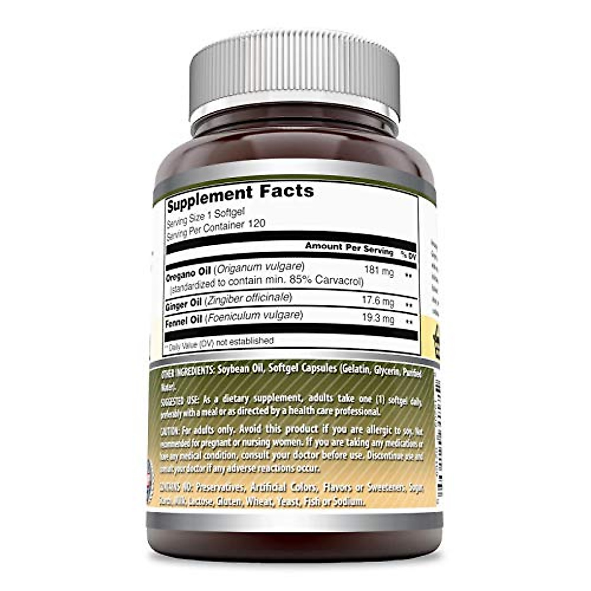 Amazing Formulas Oregano (Origanum) Oil Ginger Fennel - 120 Softgels (Non-GMO,Gluten Free) - Standardized to Contain Minimum 85% Carvacrol - Supports Digestive Function.