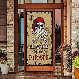 Beware of Pirates Door Banner Pirate Party Decoration Pirate Backdrop Halloween Birthday Party Photo Booth Props Pirate Theme Party Supplies