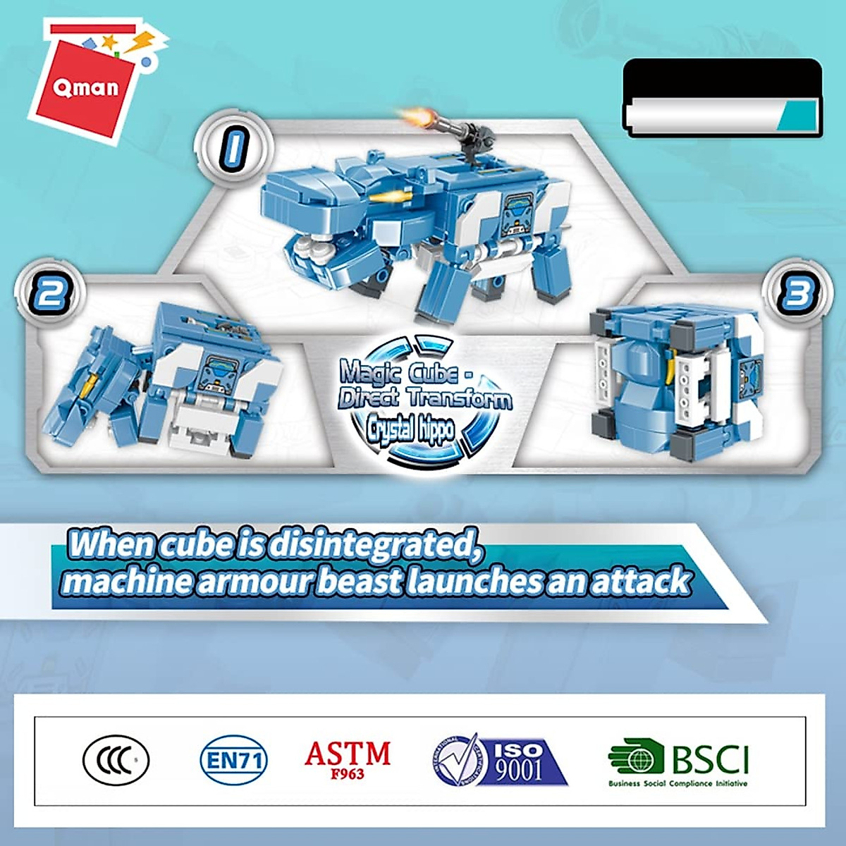 QMAN Building Blocks STEM Toy for Kids Age 6+ Magic Cube Bricks Transform Animal Toys to Build Educational Learning Creative Building Kit Gift Toy for Boys and Girls, 149 Pieces (Hippo Model)