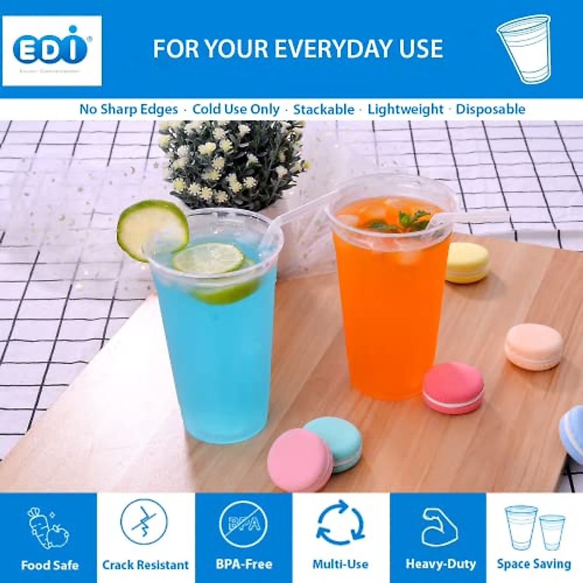 EDI [20 oz. - 100 Sets] Crystal Clear Disposable PET Plastic Cups with Flat Lids and Straws