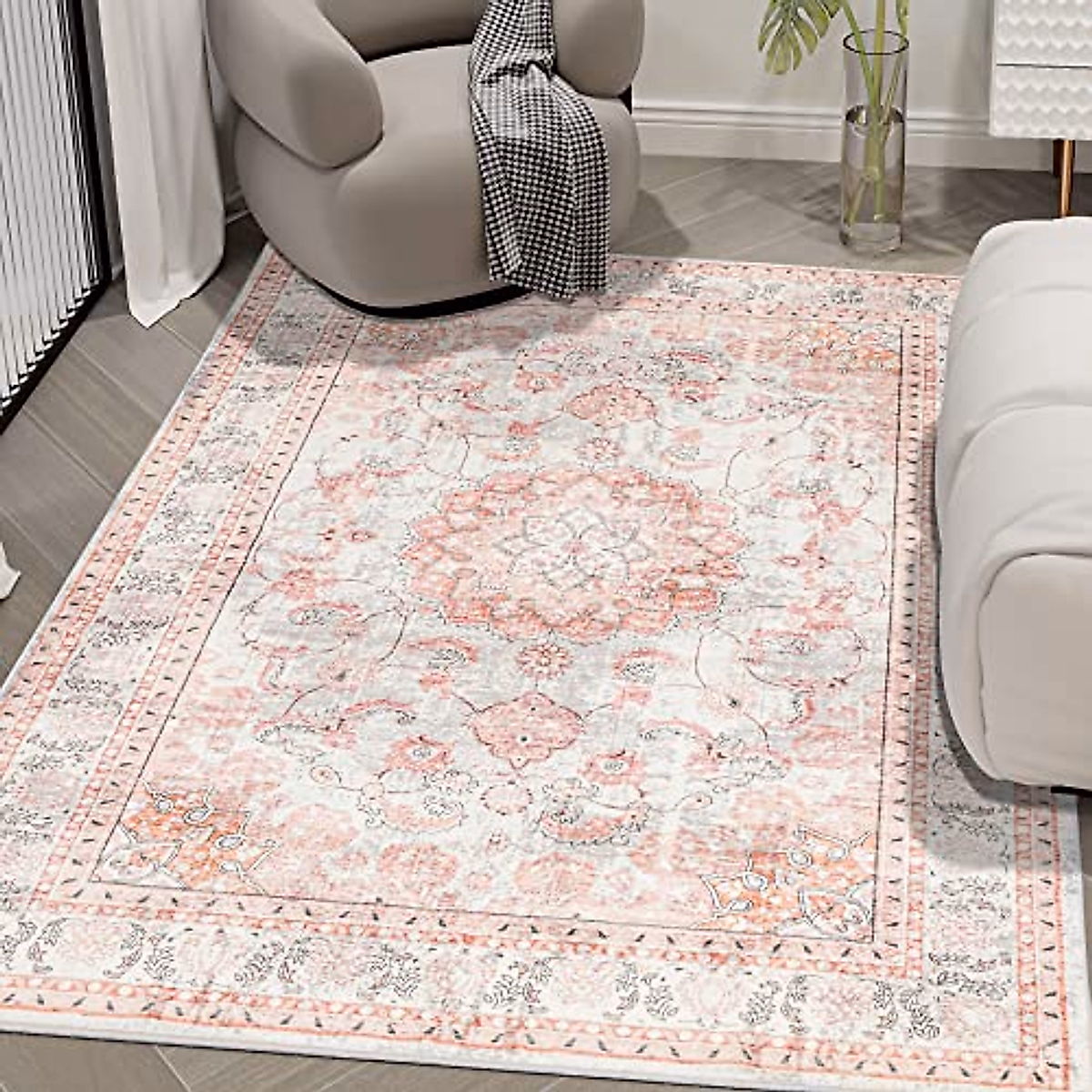 Auruge Area Rug - 5x7 Indoor Vintage Rugs Soft Fuzzy Shaggy Carpet Distressed Pink Accent Rug Non-Slip Non Shedding & Machine Washable Rug for Dining Room Living Room Bedroom Office