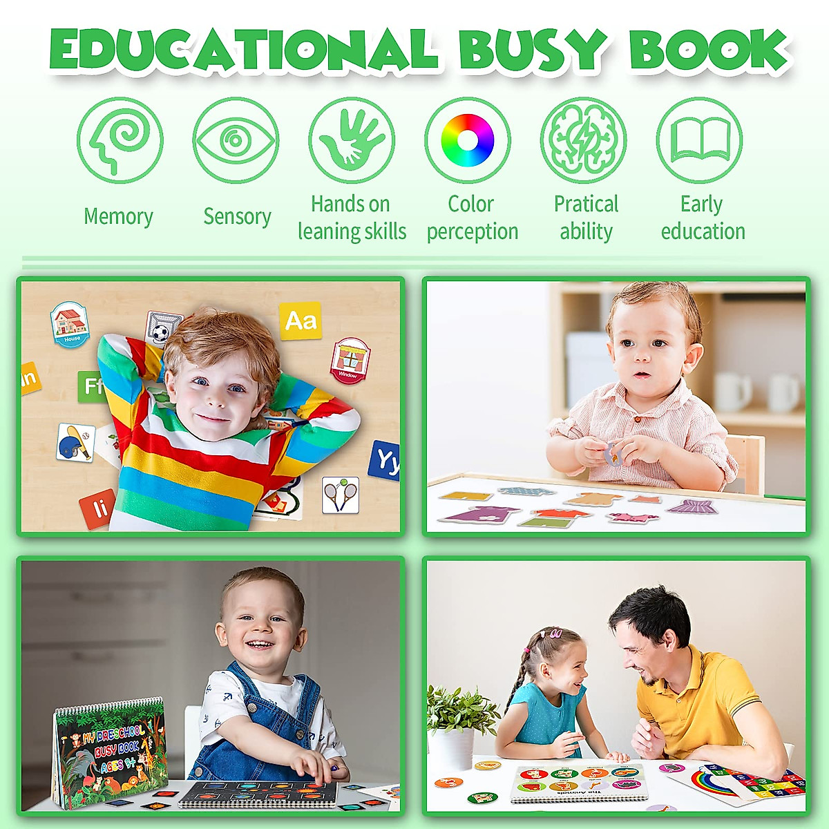 Riosin Busy Book for Preschool Toddlers,Quiet Book with 15 Themes for Ages 3+ Kids Activity Binder, Montessori Toys Autism and Early Sensory Educational Learning Activities Materials
