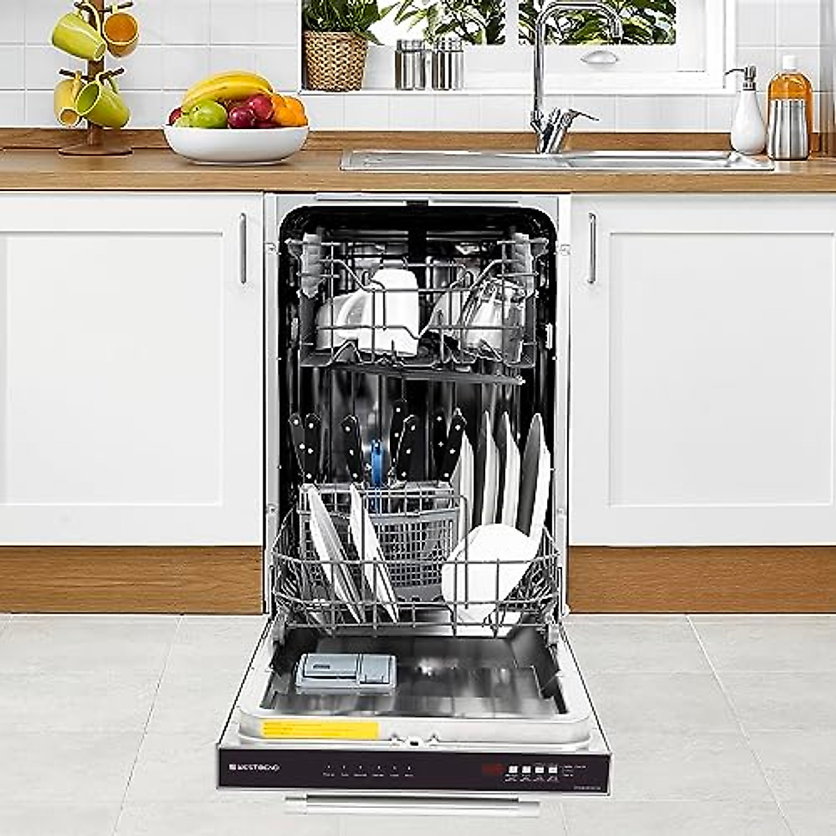 West Bend Dishwasher 18-Inch Built In with 3 Wash Options and 6 Automatic Cycles, Stainless Steel Construction with Electronic Control LED Display, Low Noise Rating, 53 dB, Metallic