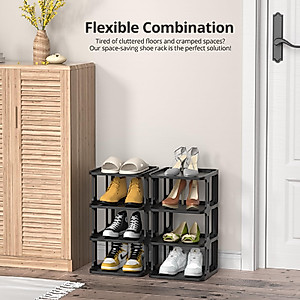 Small Shoe Rack for Closet - Free Standing Narrow Shoe Rack Organizer for Dedroom Dorm, Mini Stackable Shoe Rack Shelf for Entryway Garage Entrance, 4 Tier Vertical Black Shoe Cubby for Small Spaces