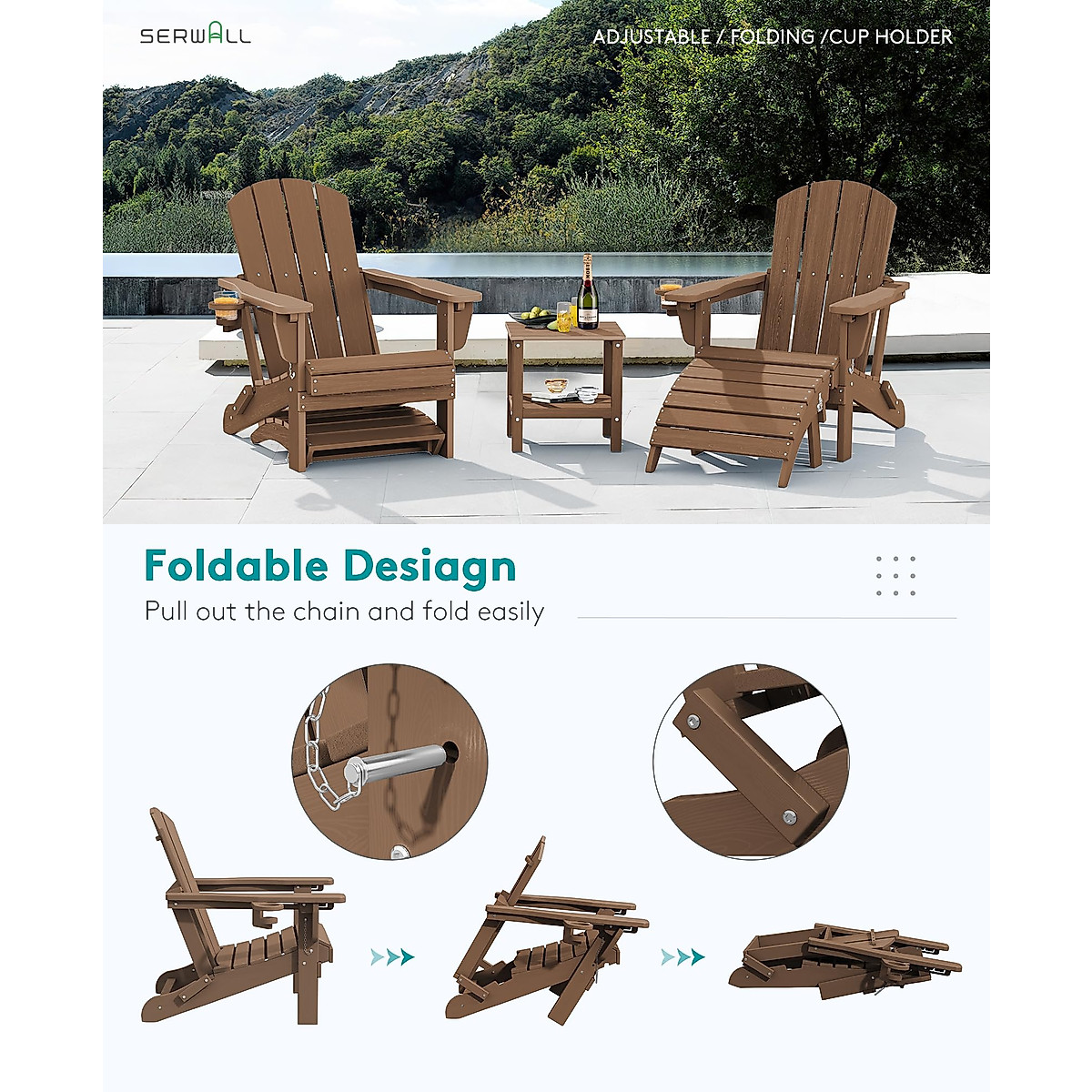 SERWALL 5-Piece Adirondack Chair and Ottoman and Table Set, Brown