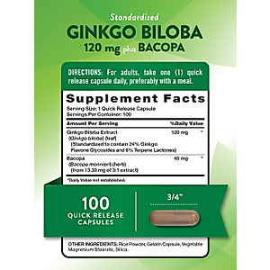 Ginkgo Biloba 120mg | Plus Bacopa | 100 Quick Release Capsules | Standardized Extract | Non-GMO and Gluten Free Supplement | by Nature's Truth