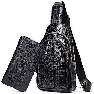 Crocodile Leather Sling Bag, Cool Man Bags One Shoulder Backpack for Men and Women Black