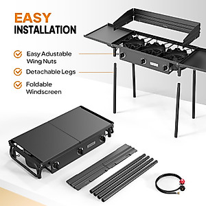ROVSUN 3 Burner Gas Stove with 2 Side Shelves, 225,000BTU Portable Propane Stove with Removable Leg, Wind Panel, Regulator for Camping Home Backyard Outdoor Cooking Brewing Canning Turkey Frying