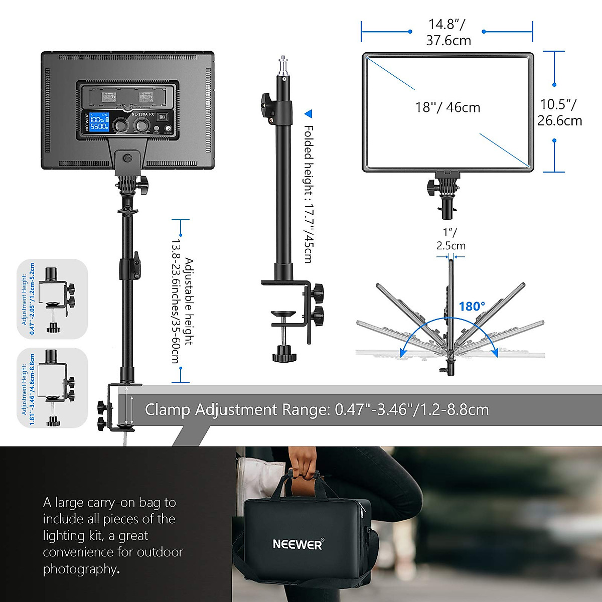 Neewer Desk Mount LED Video Light with C-clamp Stand and 2.4G Remote Kit: Dimmable Bi-Color 18" LED Panel 3200K-5600K 45W 4800Lux CRI 97+ Light for Photography YouTube Game Video Shooting Live Stream