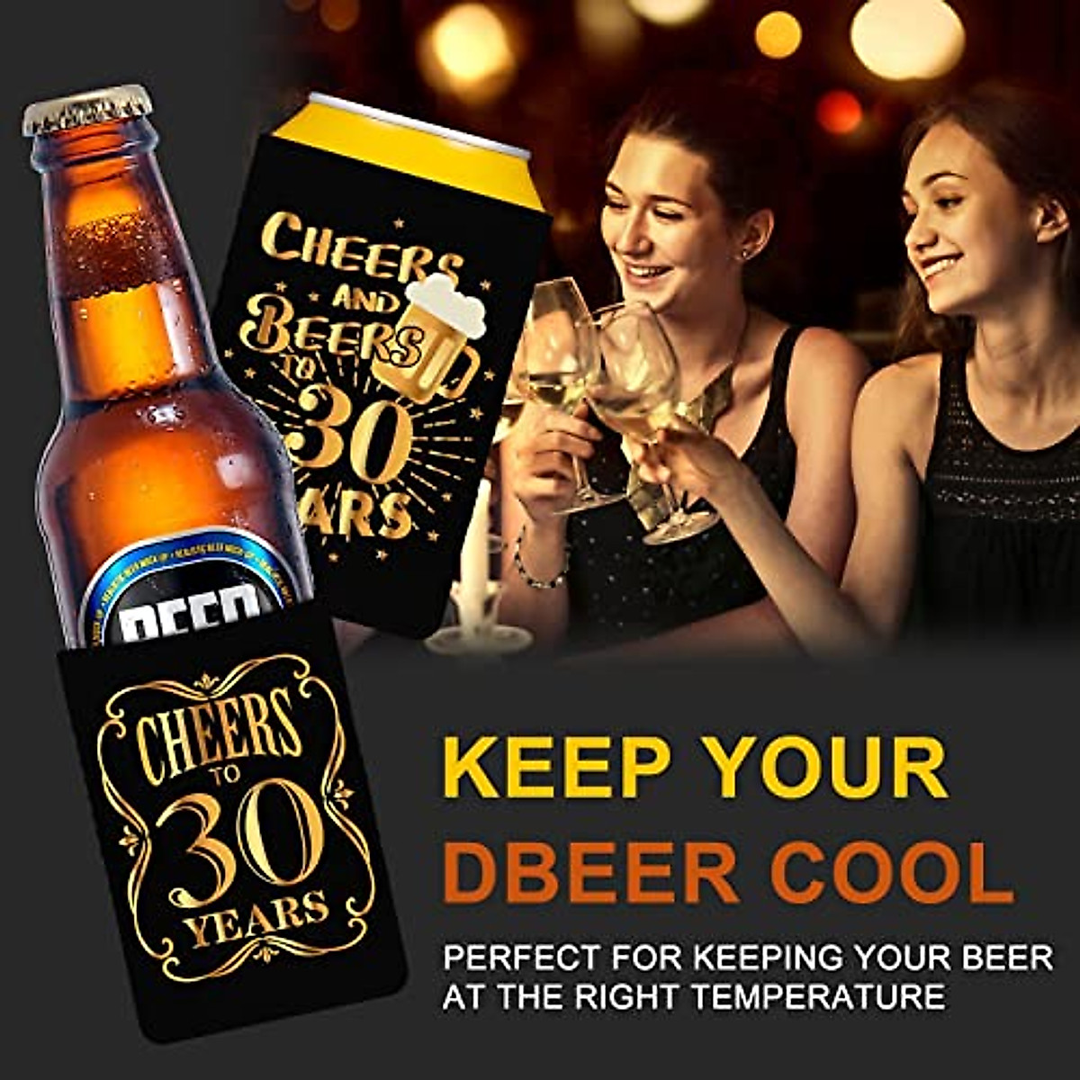 FANKUTOYS 30th Birthday Can Cooler Sleeves, Neoprene Beverage Bottle Can Sleeves - 30th Party Anniversary Decorations and 30th Birthday Gift for Men & Women, Black & Gold (12 Pcs)
