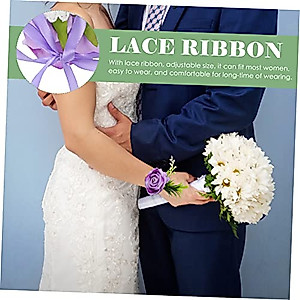 Abaodam 4pcs Wrist Flower Bridesmaid Bracelets Wedding Decorations Wrist Corsage Bride Wristband Decors Bride Wrist Flower Wedding Corsage Wristlet Wedding Supplies Purple The Flowers Lace