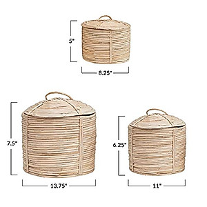 Creative Co-Op Hand-Woven Grass & Date Leaf Lids, Set of 3 Basket, Natural, 3