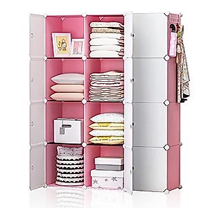 YOZO Cube Storage Organzier Portable Closet Wardrobe Bedroom Dresser (42x14x56 inches) Portable Closet Cube Shelf Armoire Pantry Cabinet, 12 Cubes, Pink