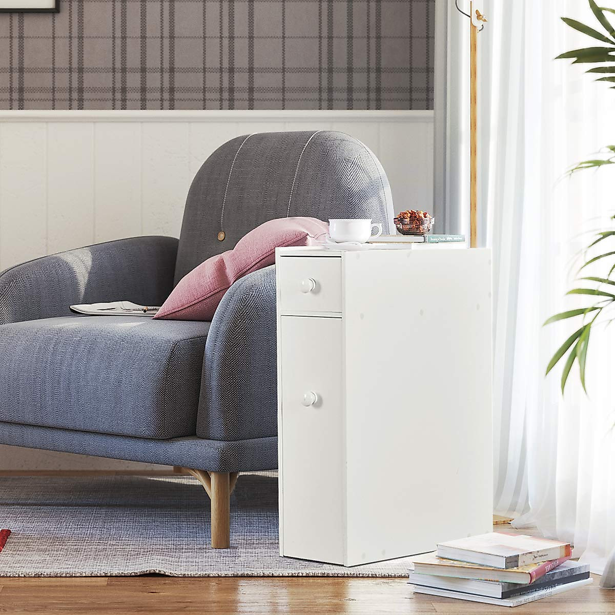 Tangkula Bathroom Wood Storage Cabinet Home Kitchen Floor Storage Organizer with Slide Out Drawer Free Standing Space Saving Storage Cabinet Toilet Paper Holder, White