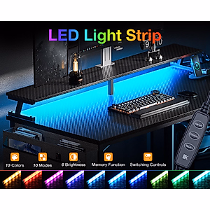 ODK 48 Inch Gaming Desk with USB Charging Ports and LED Lights, Reversible L Shaped Computer Desk with Storage Shelves & Monitor Stand, Corner Gamer Desk Table with Power Outlets, Black