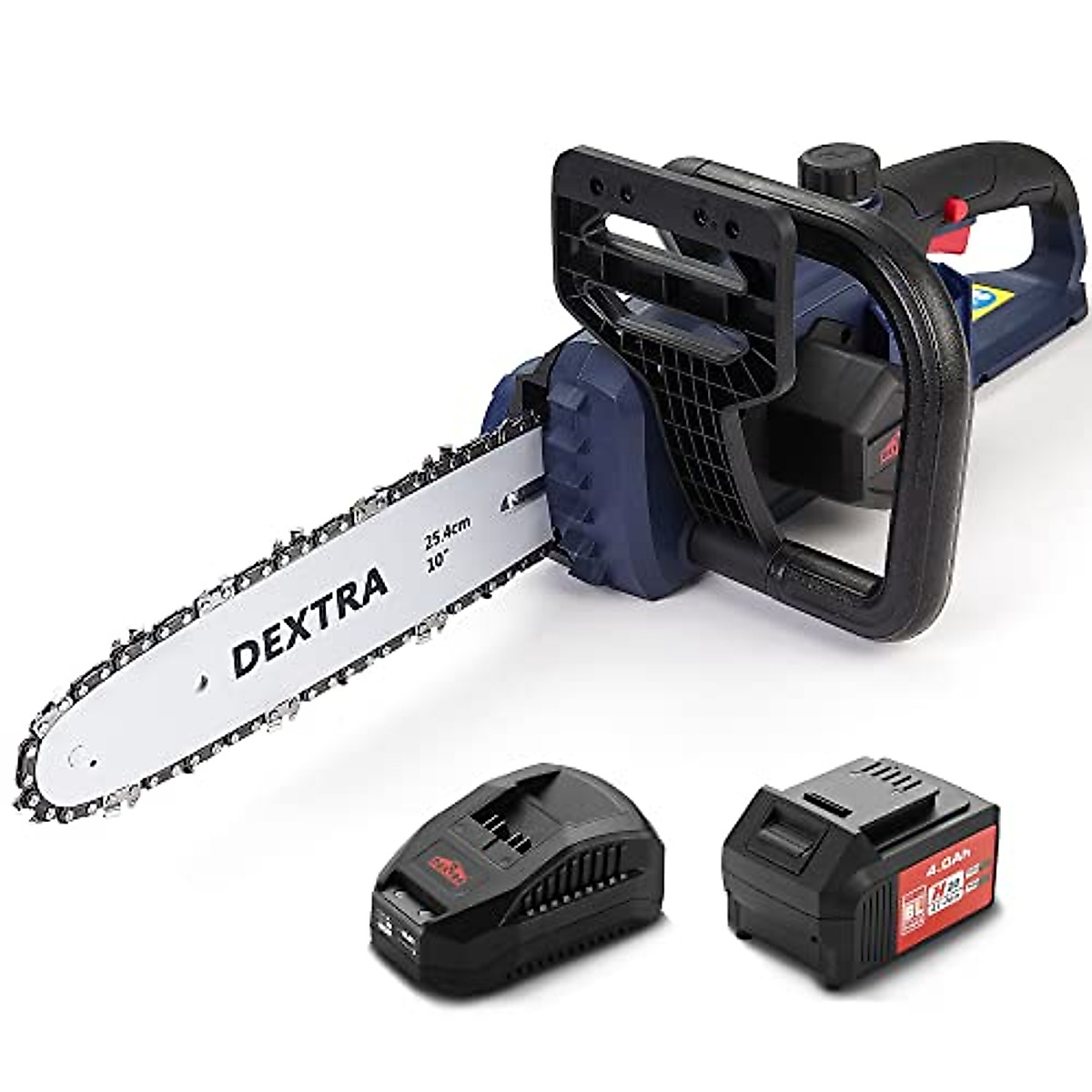 Dextra Cordless Chainsaw, Brushless 10-Inch Battery Chainsaw,Power Chain Saws for Trees Wood Garden Ranch Forest Cutting, Auto-Tension & Auto-Lubrication, 4.0Ah Battery and Charger Included