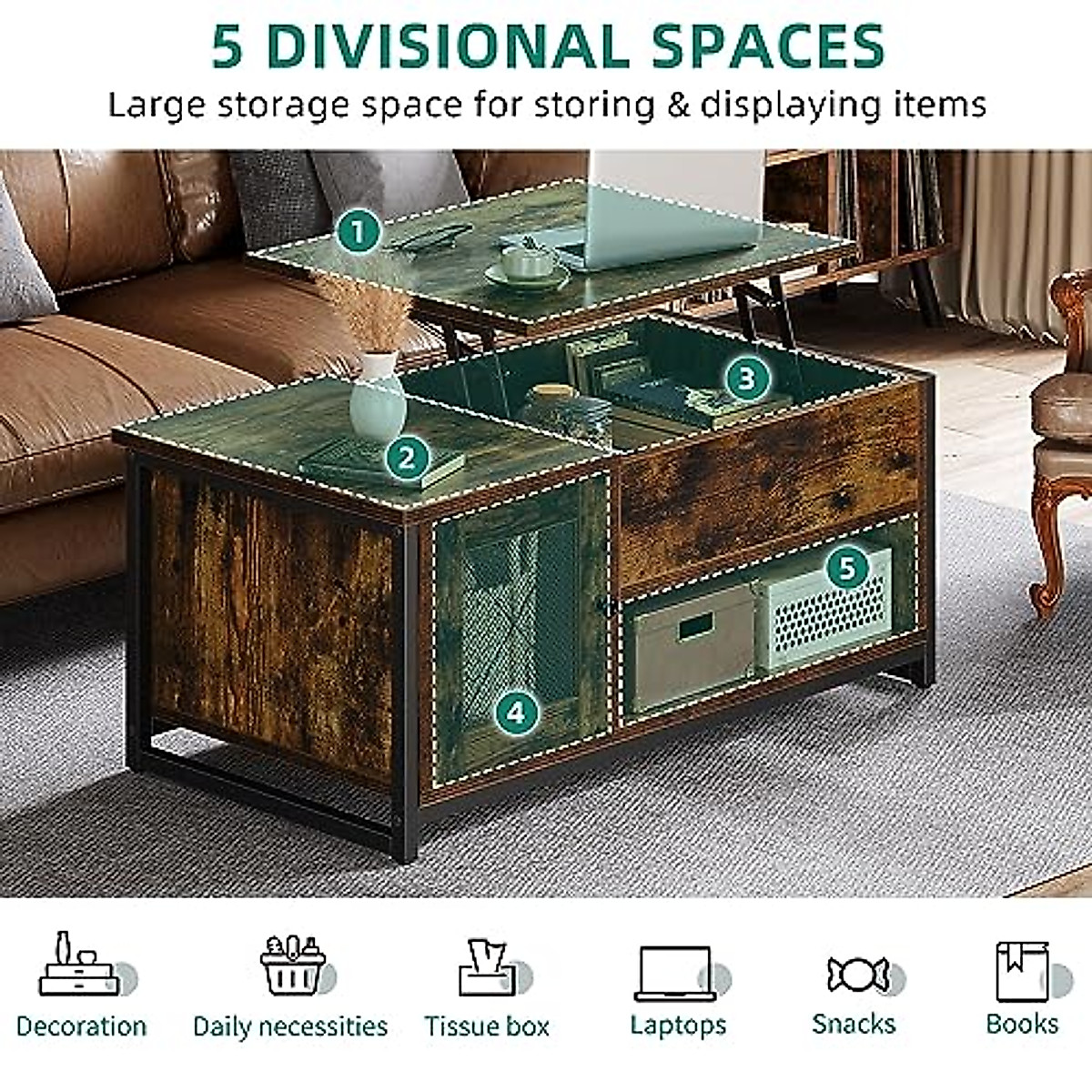 YITAHOME Lift Top Coffee Table, Coffee Table for Living Room,Wood Coffee Table with Storage,Hidden Compartment and Double Metal Mesh Door Cabinet,Rustic Brown