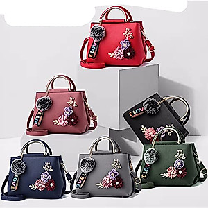 Dayfine Women Purse Top Handle Handbags PU Leather 3D Floral Inlay Satchel Bag Shoulder Crossbody Bags Ladise Medium Tote Bag with Hair Ball Pendant -Blue